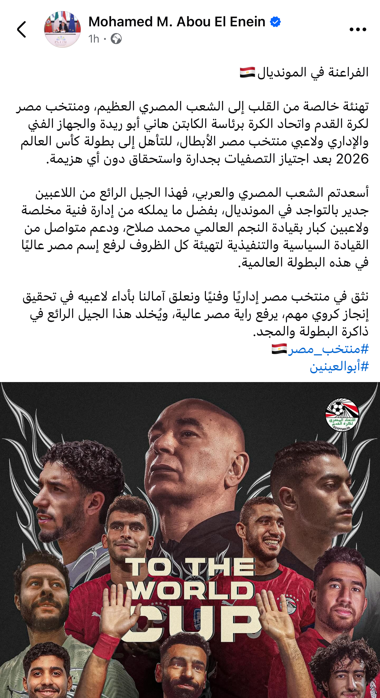 محمد أبو العينين يهنئ منتخب مصر بالتأهل إلى كأس العالم 2026: أسعدتم الشعب المصري والعربي